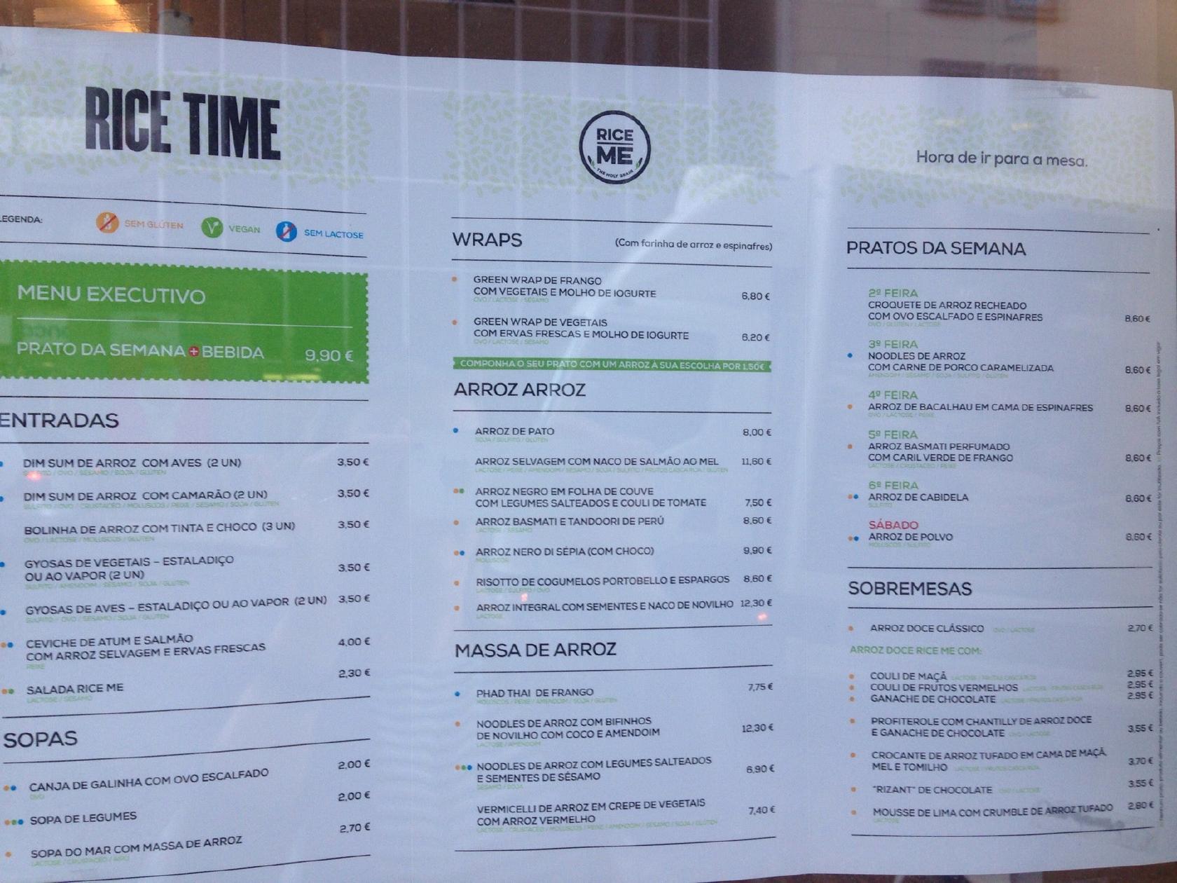 Menu em Rice Me café, Lisboa