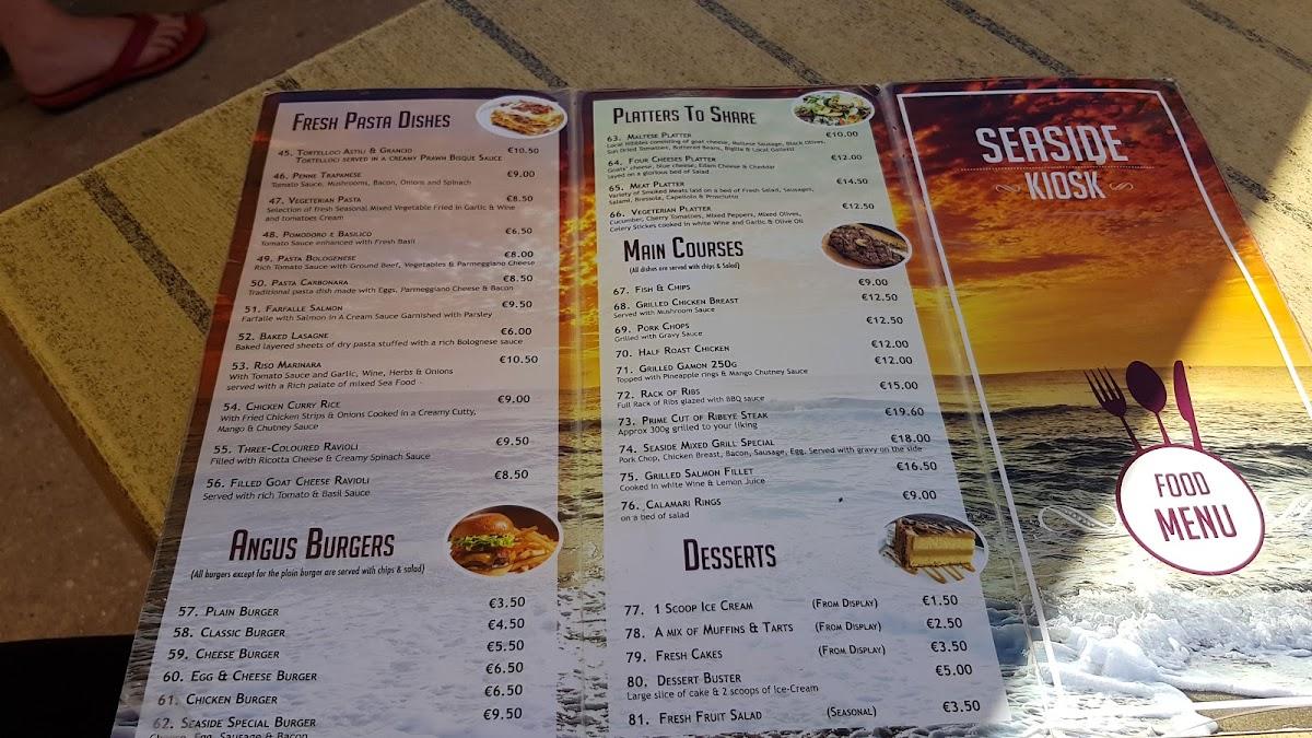Menu at Seaside Kiosk cafe, Saint Paul's Bay