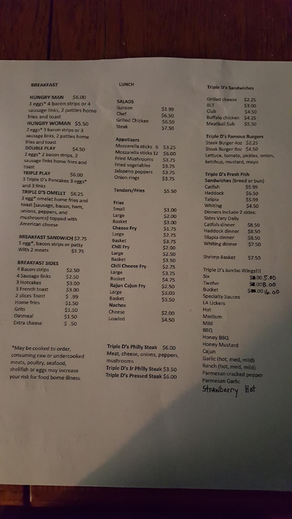 Menu at Triple D's Diner restaurant, Farrell