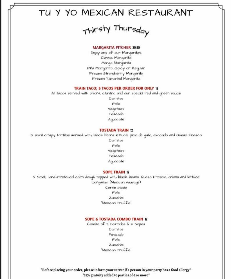 Menu at Tu y Yo restaurant, Somerville, 858 Broadway