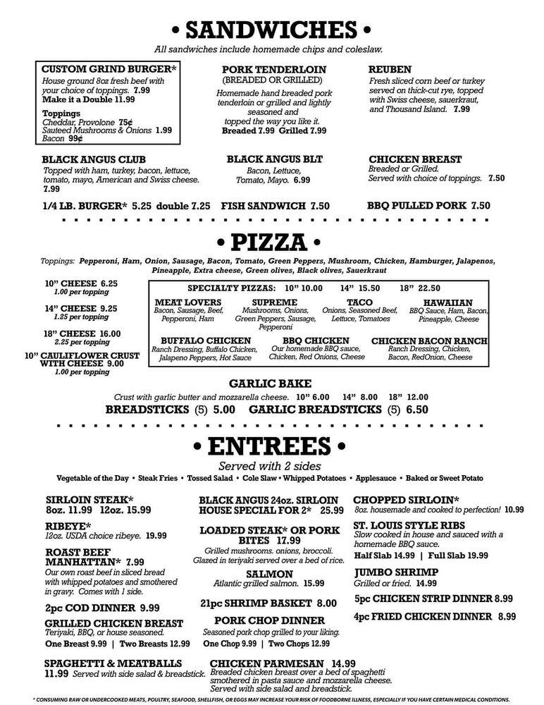 Menu at Black Angus On Main pub & bar, Ottoville
