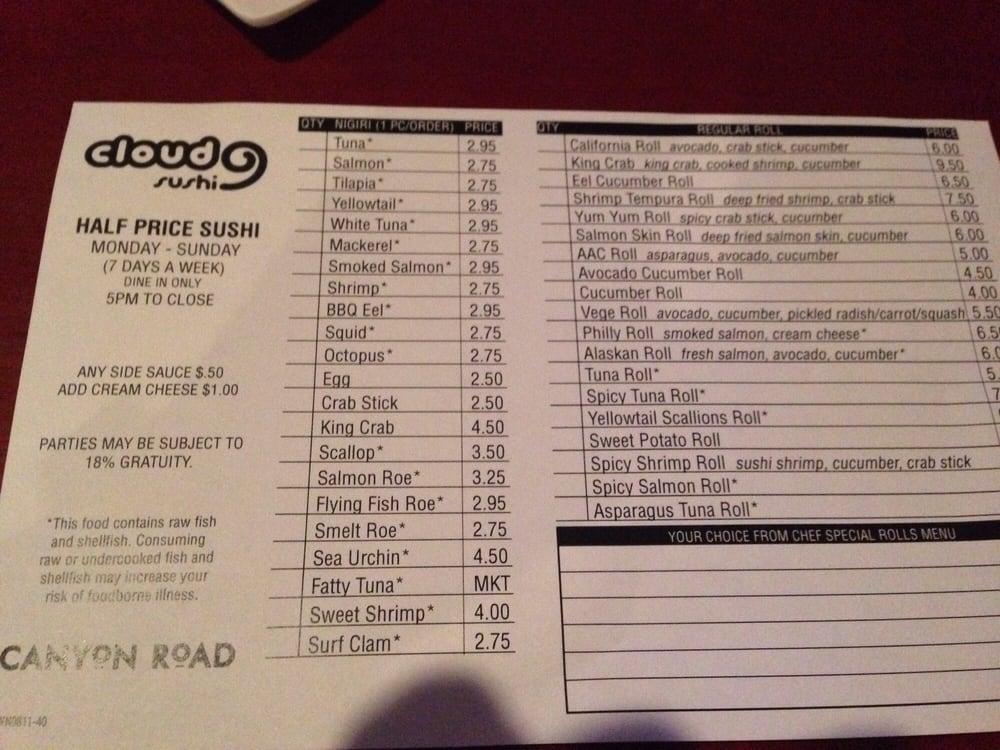 Menu at Cloud 9 Sushi restaurant, Cincinnati