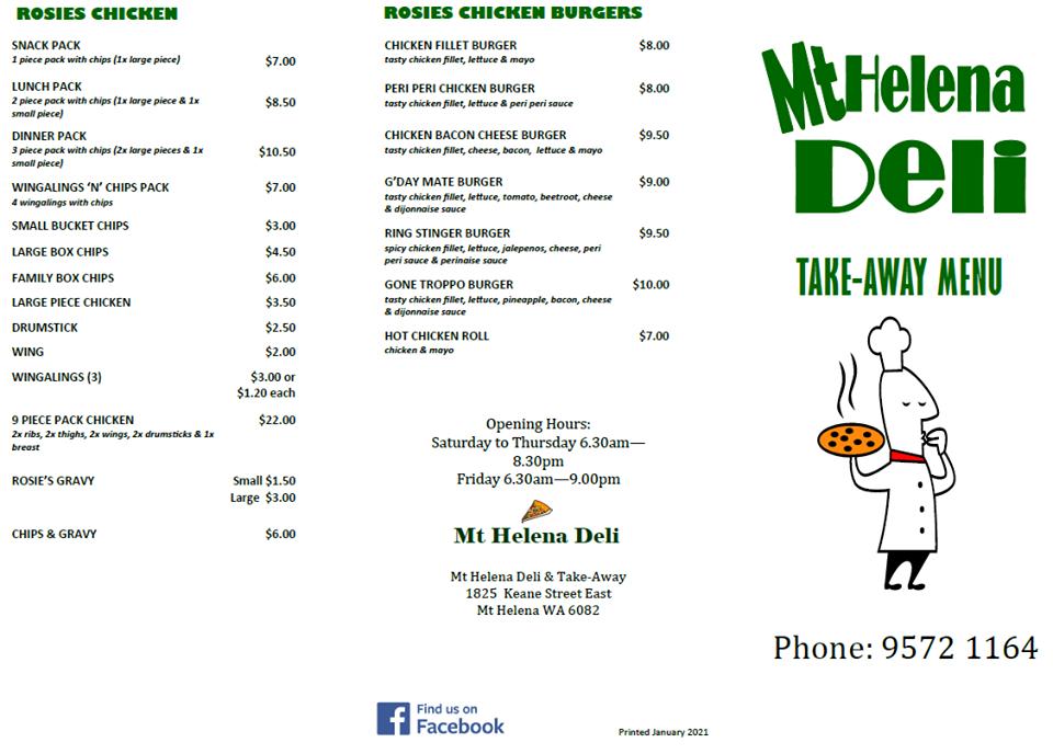 Menu at Mt Helena Deli & Take Away fast food, Mount Helena