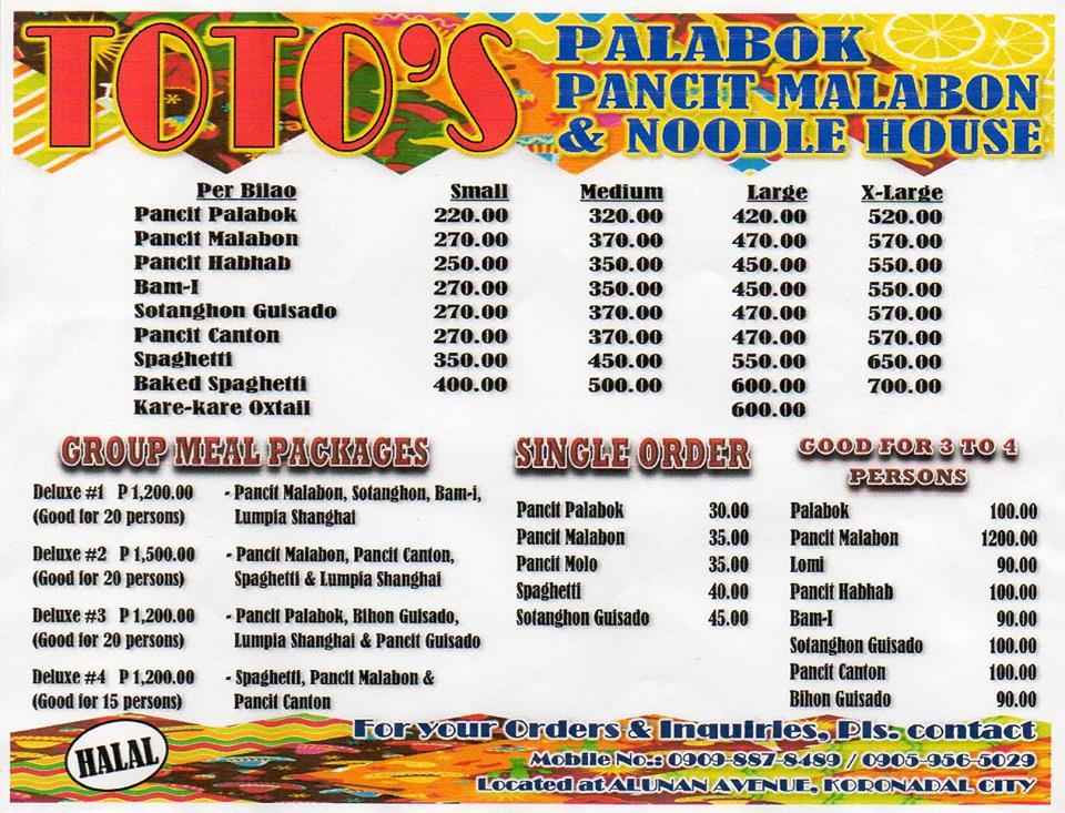 Menu at Toto's Palabok, Pancit Malabon & Noodle House restaurant ...