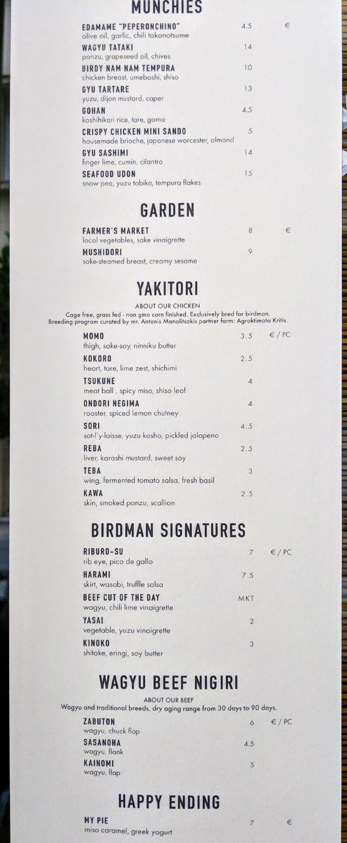 Menu at Birdman, Athens