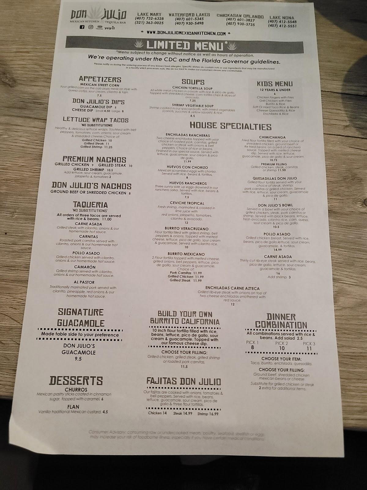 Menu at Don Julio Mexican Kitchen & Tequila Bar Lake Mary, Lake Mary