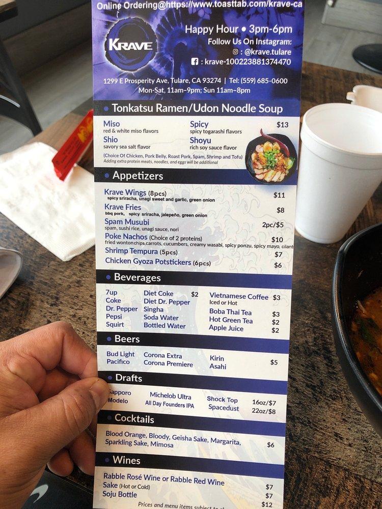 Menu at Krave restaurant, Tulare