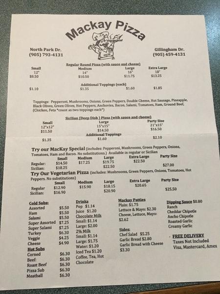 Menu at Mackay Pizza pizzeria, Brampton, 930 N Park Dr