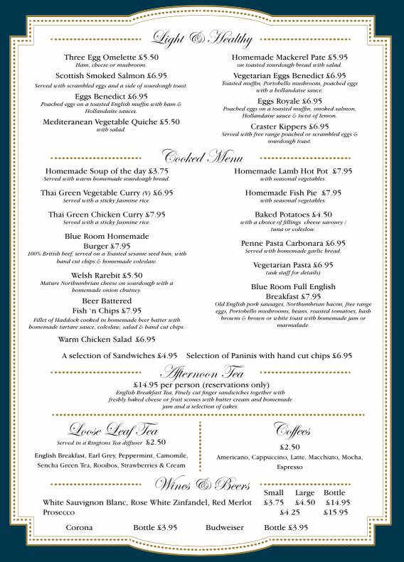 Menu at The Blue Room Cafe, Newcastle upon Tyne