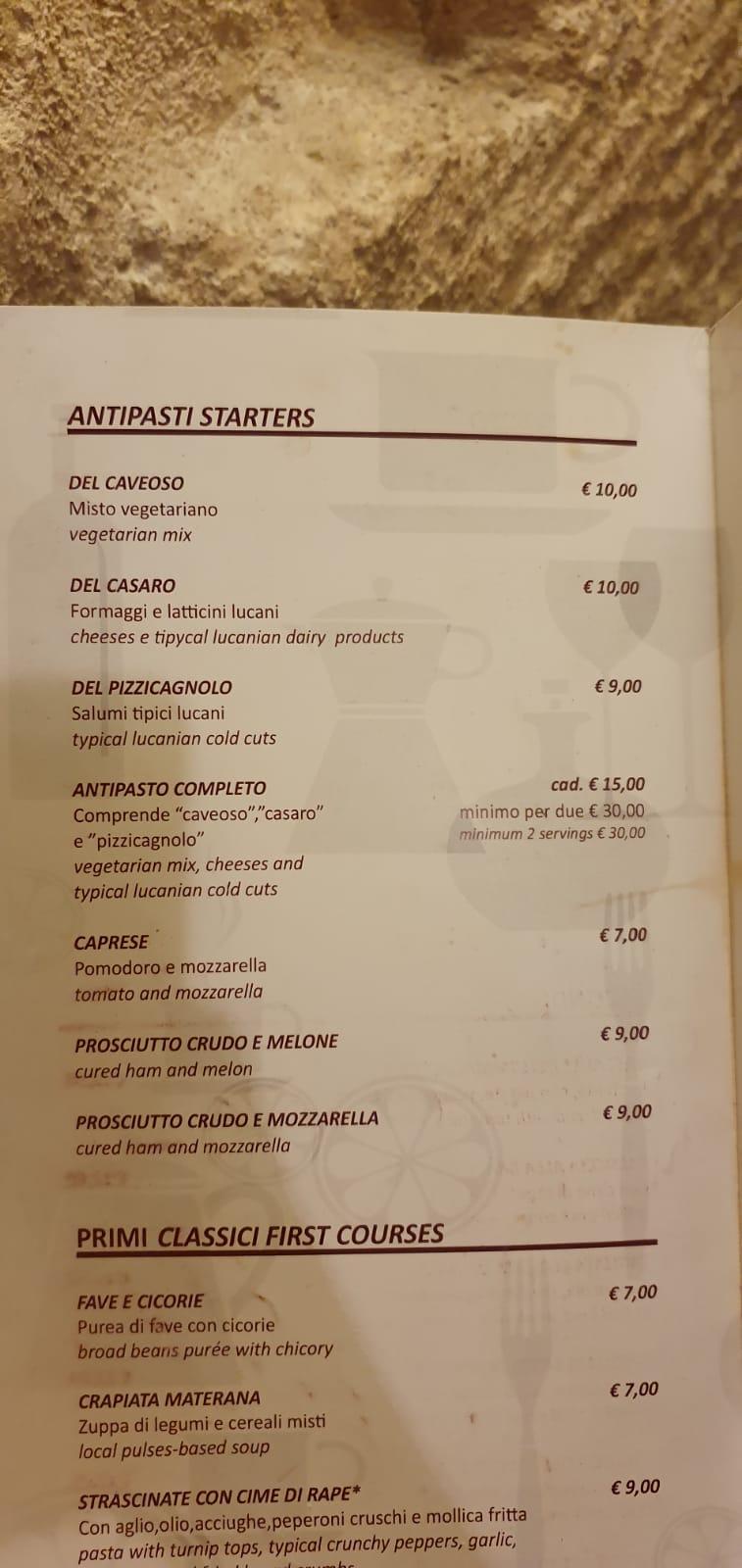 Menu at Trattoria del Caveoso restaurant, Matera