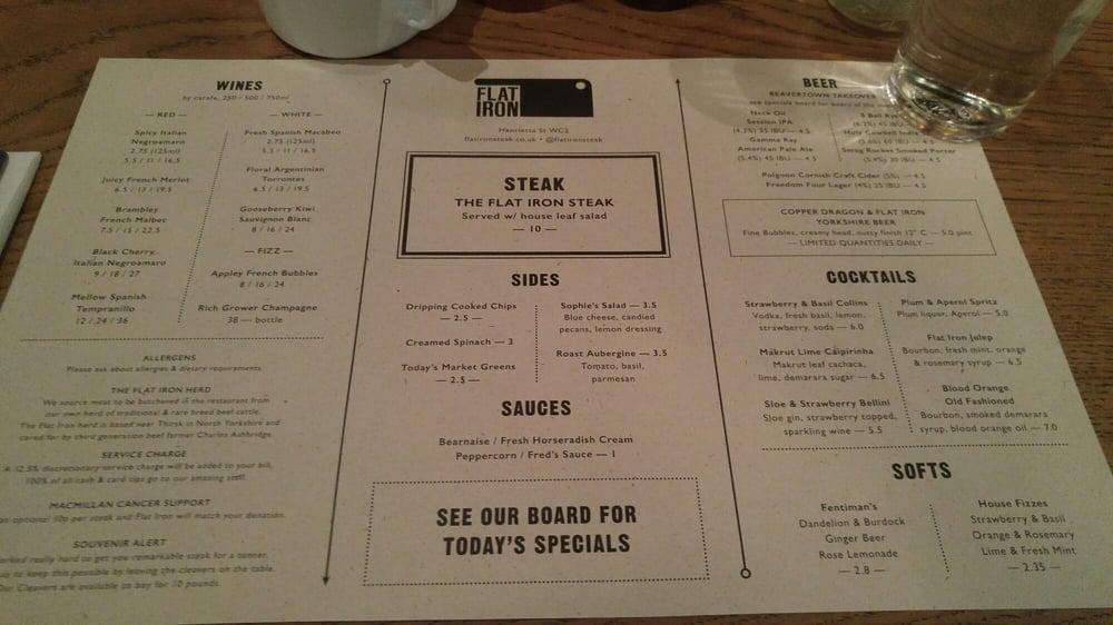 Menu at Flat Iron Covent Garden steakhouse, London, 17-18 Henrietta St