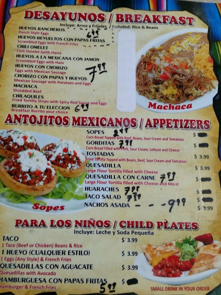 Menu at Jugos Vallarta restaurant, Corona