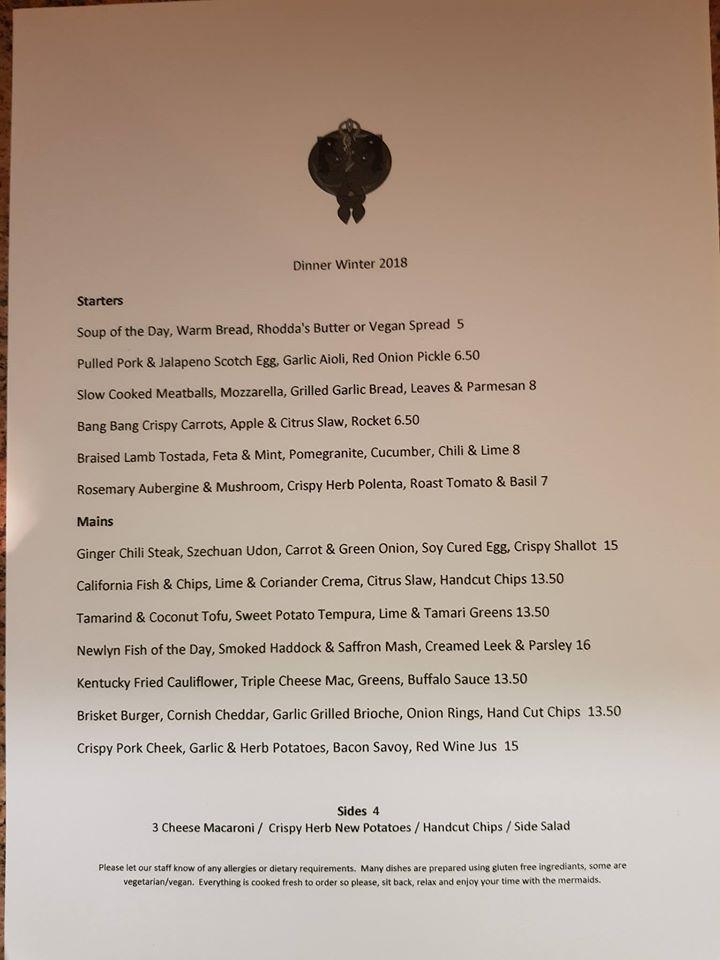 Menu at Mermaid Alley restaurant, Penzance