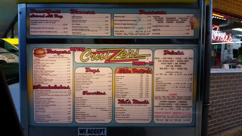 Menu at Myers Cruizzers Drive-In restaurant, Mena, 409 U. S. Hwy 71