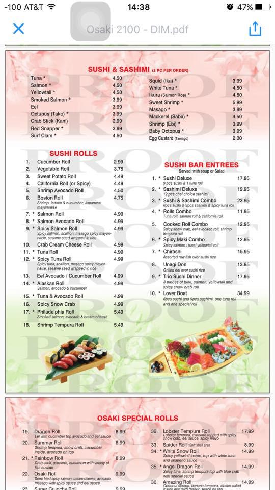 Menu at Osaki Hibachi Sushi restaurant, Dodge City