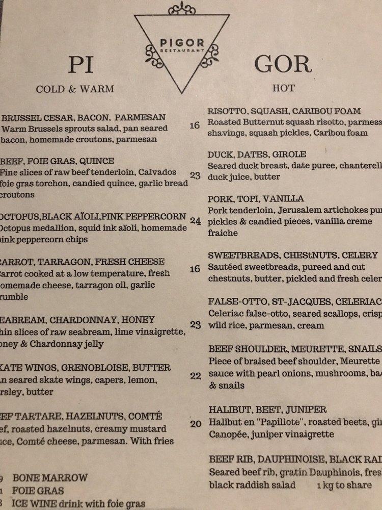 Menu at Restaurant Pigor, Montreal