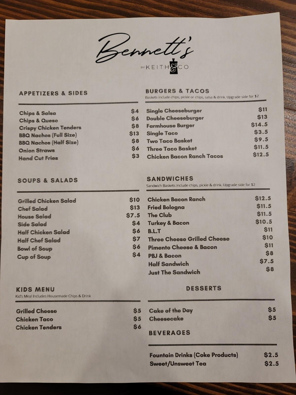 Menu at Bennett’s Casual Dining restaurant, Sherwood