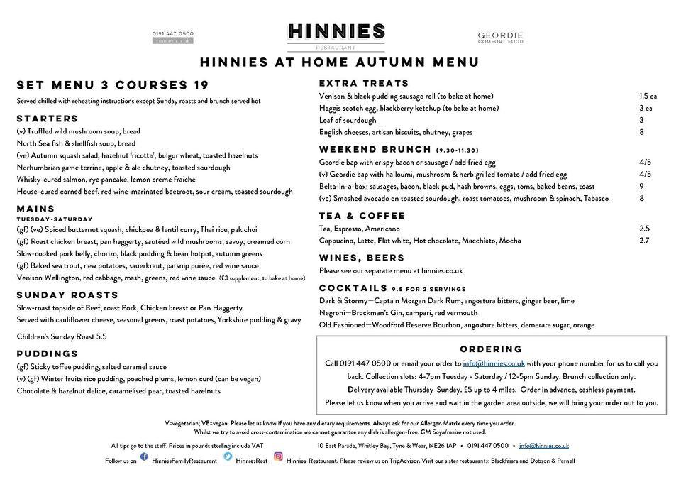 Menu at Hinnies Restaurant, Whitley Bay
