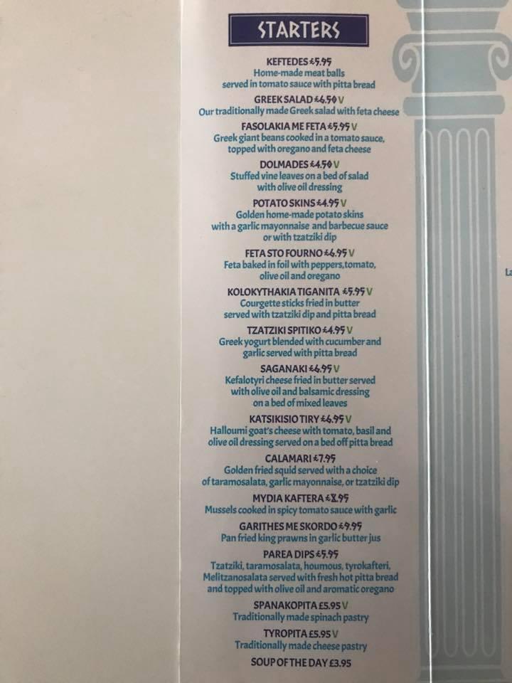 Menu at Niko’s Greek Taberna restaurant, Morpeth