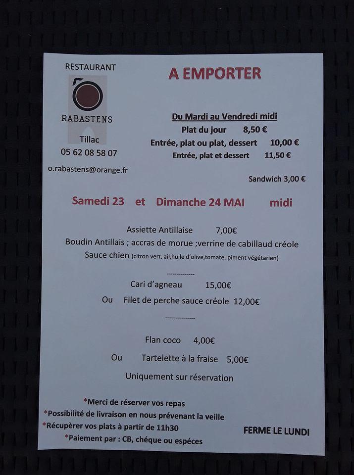 Menu au Ô Rabastens restaurant, Tillac