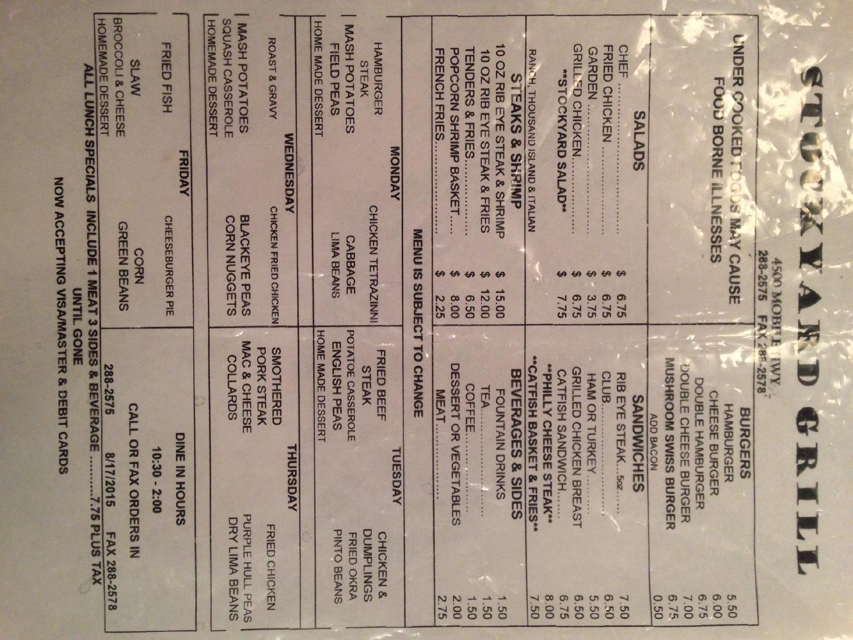 Menu at Stockyard Grill restaurant, Montgomery
