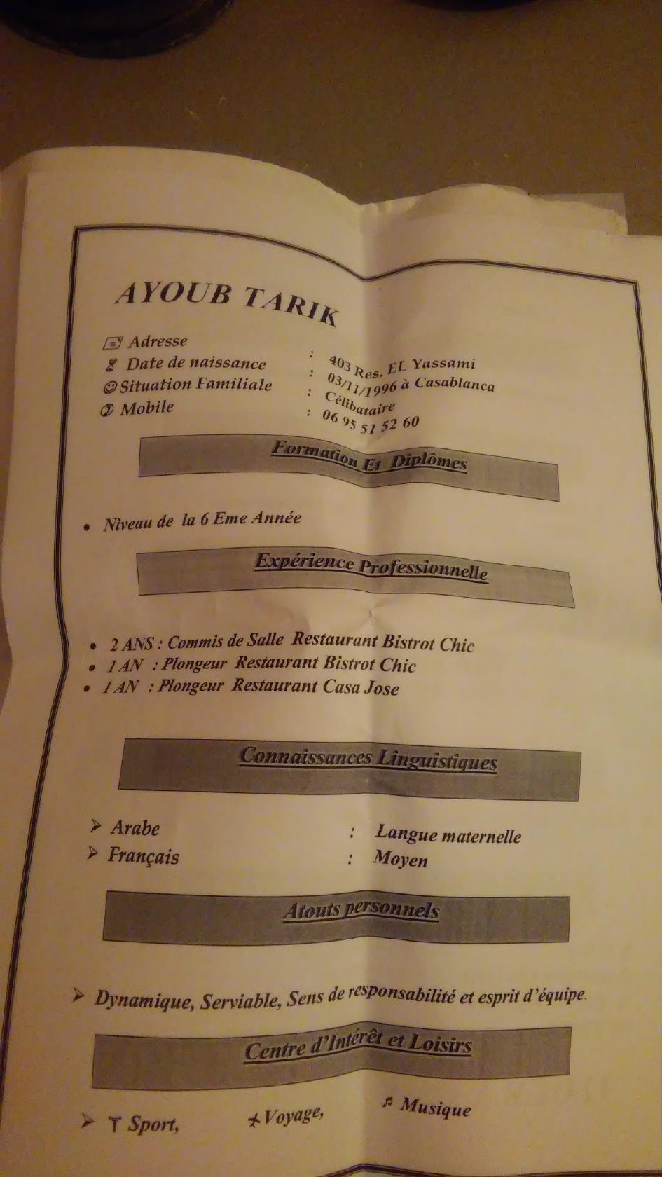 Menu at Sur Le Toit restaurant, Casablanca, route 1029