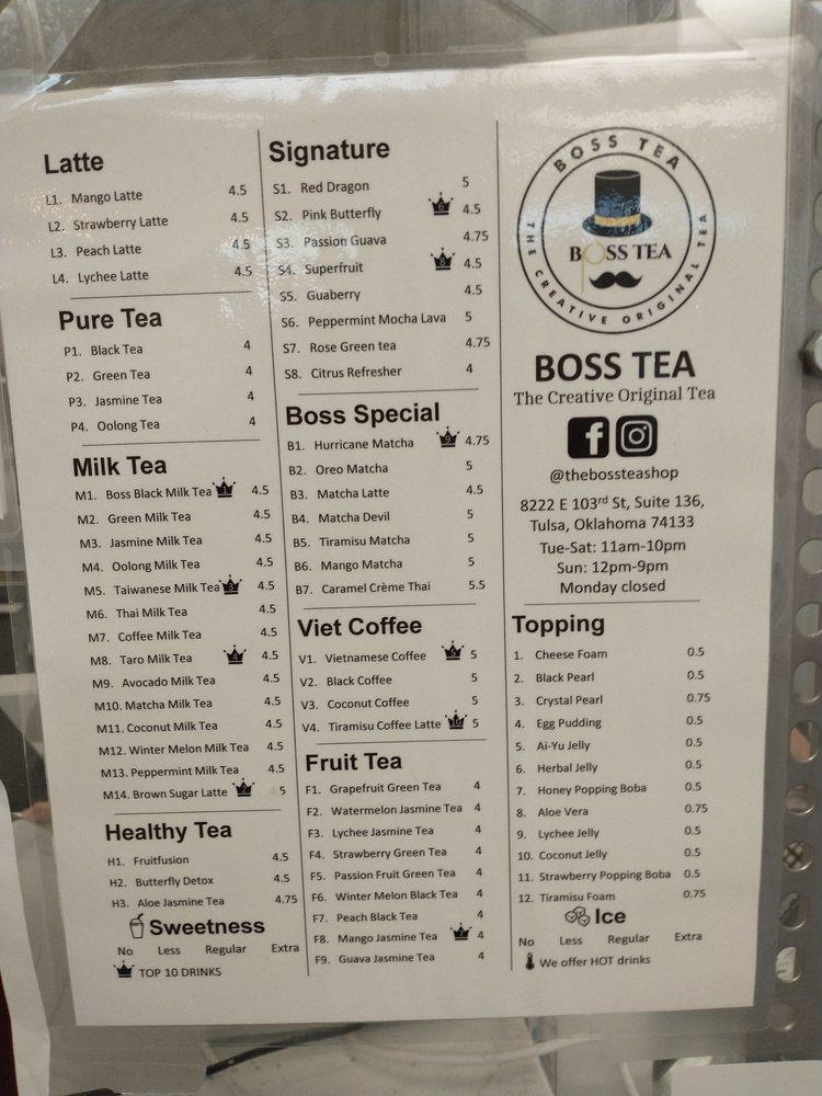 Menu at Boss Tea, Tulsa