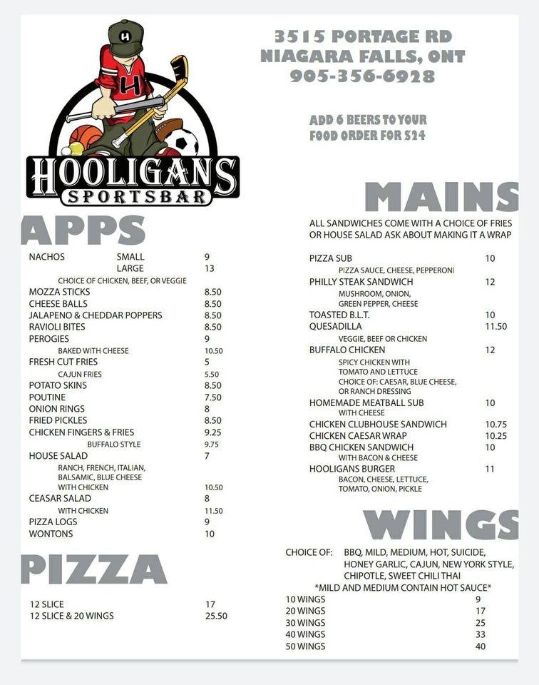 Menu at Hooligans Sports Bar, Niagara Falls
