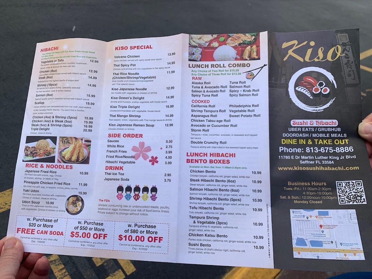 Menu at Kiso Sushi Hibachi寿司&铁板 restaurant, Seffner
