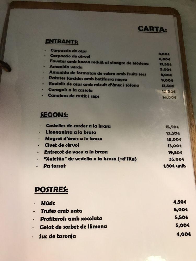 Carta del restaurante Les Ares, España