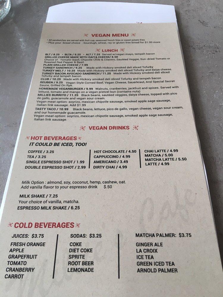 Menu at Millie's Cafe, Pasadena