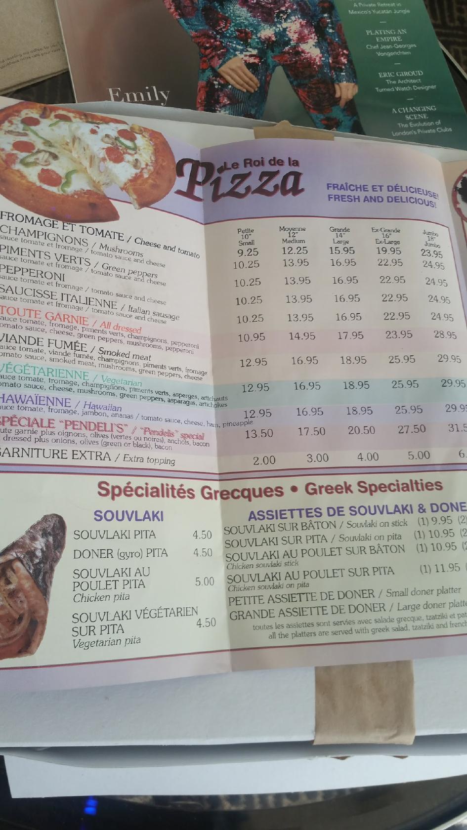 Menu at Pendeli's Pizza pizzeria, Montréal, Côte Saint Luc Rd