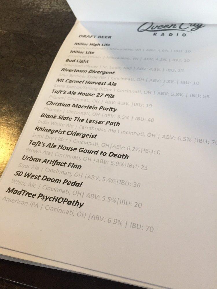 Menu at Queen City Radio pub & bar, Cincinnati