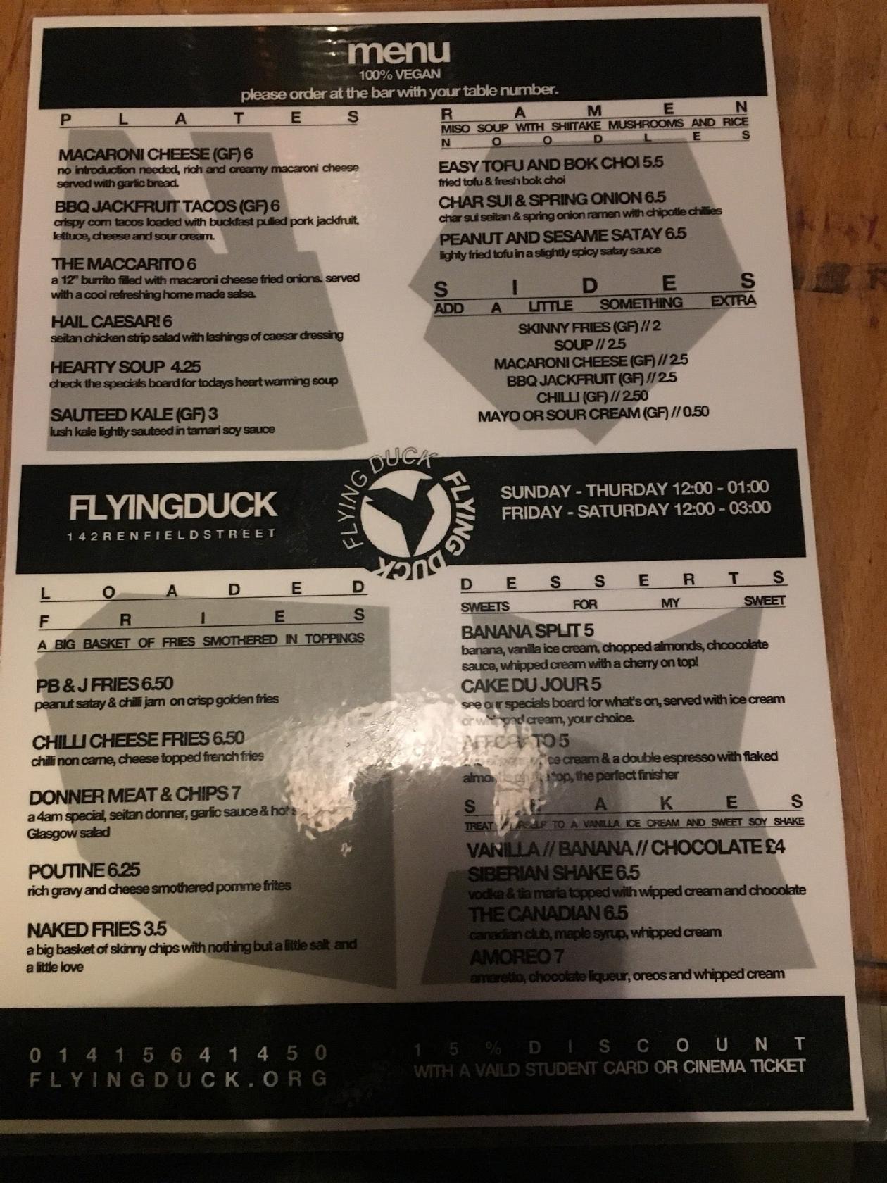 Menu at The Flying Duck pub & bar, Glasgow