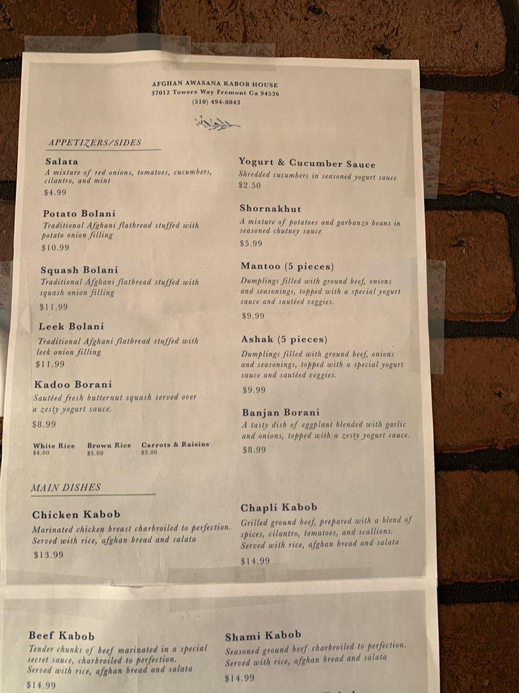 Menu at Afghan Awasana Kabob House restaurant, Fremont