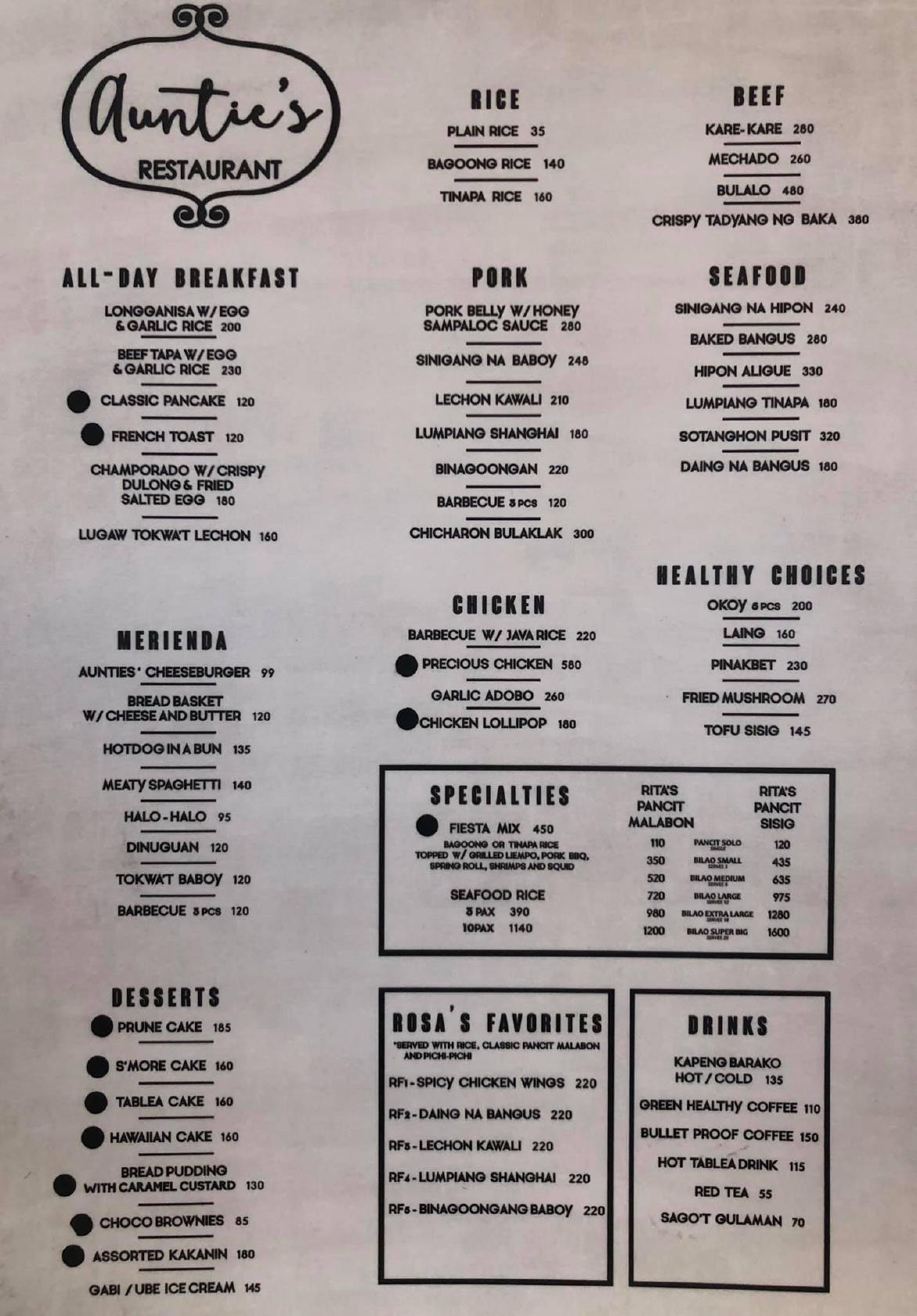 Menu at Auntie's Bakery, Restaurant & More, Marikina