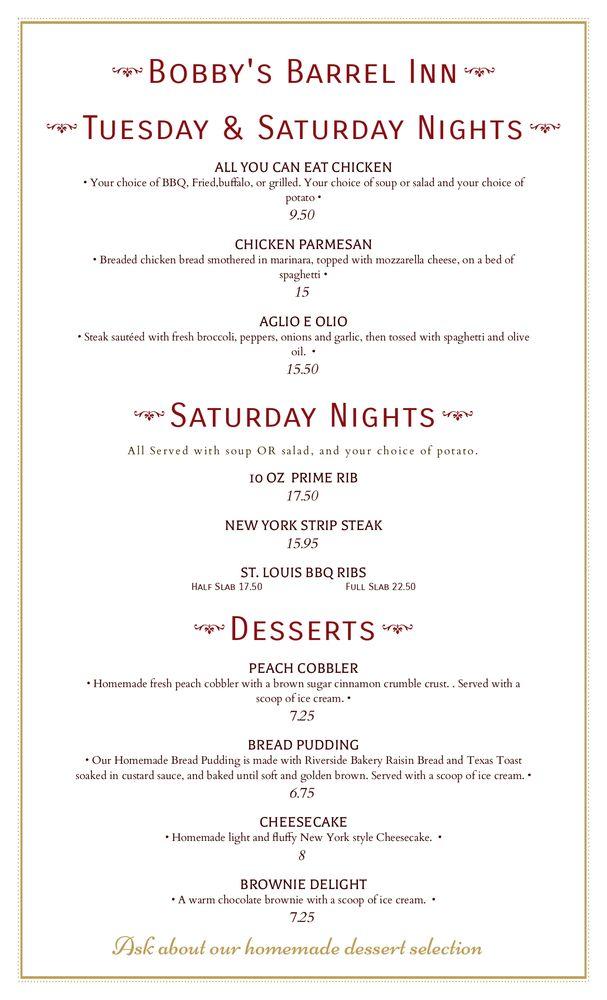 Menu at Bobby's Barrel, Volo