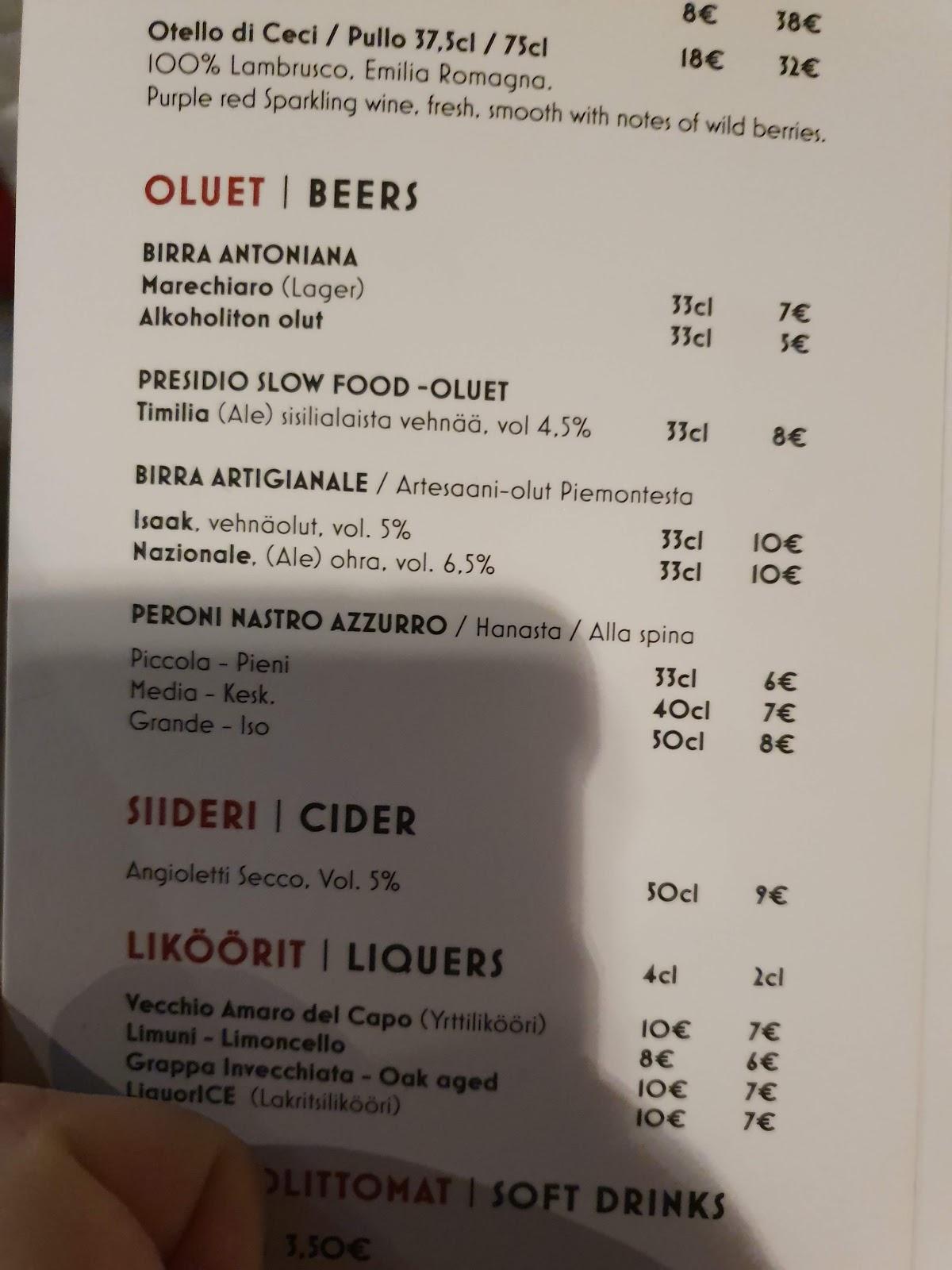 Menu at Capperi Tripla restaurant, Helsinki