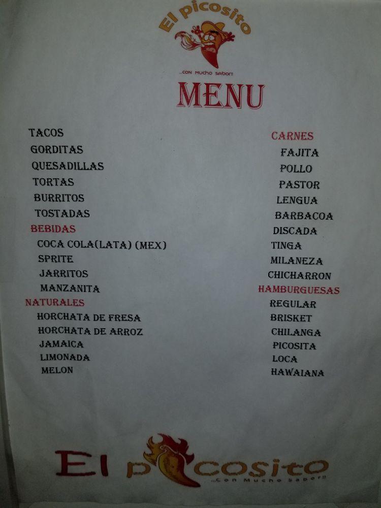 Menu at El Picosito restaurant, Houston, Hwy6 N