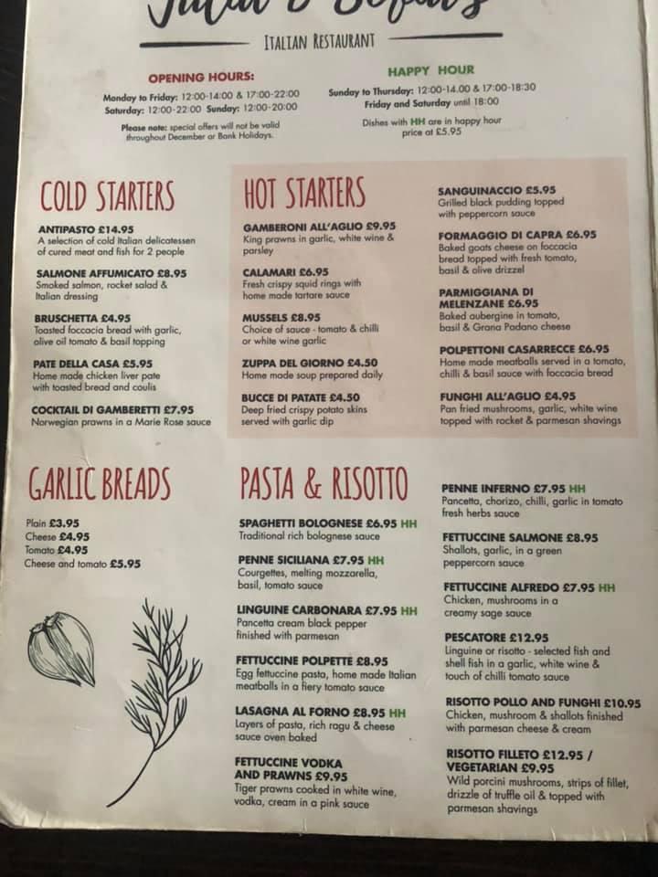 Menu at Julia & Sofia's Italian restaurant, Sedgefield
