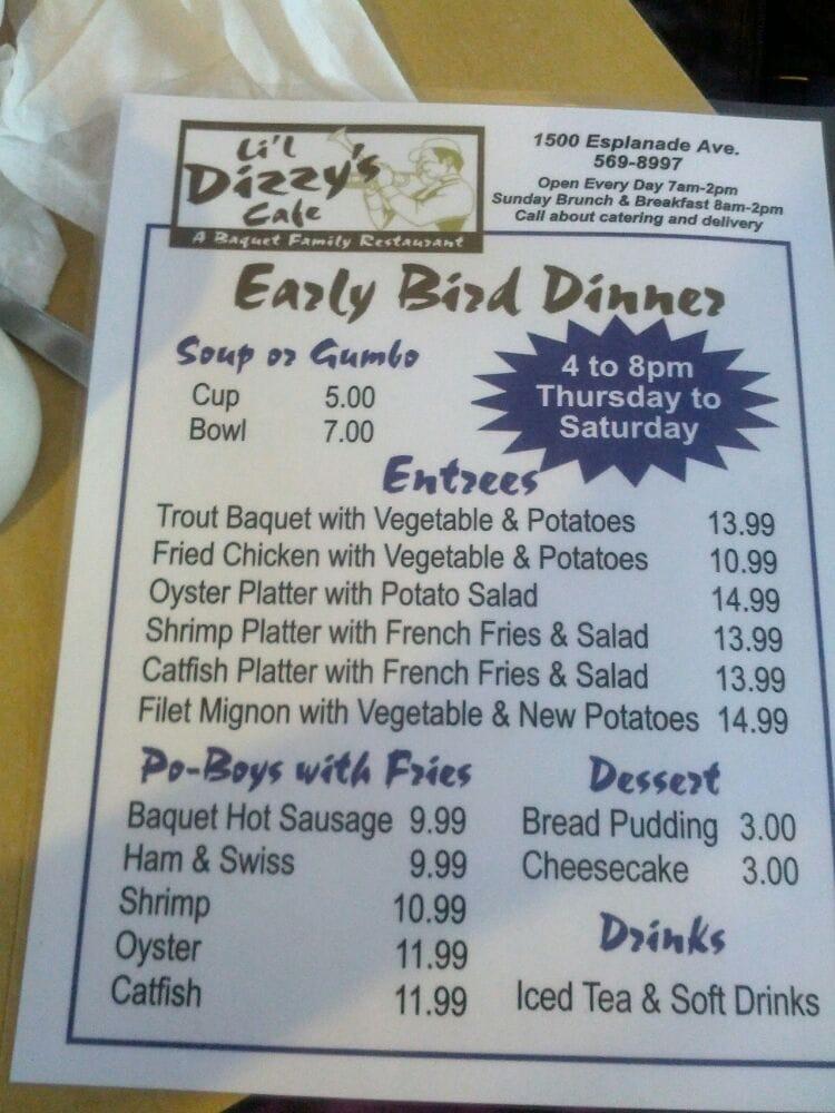 Menu at Li'l Dizzy's Cafe, New Orleans