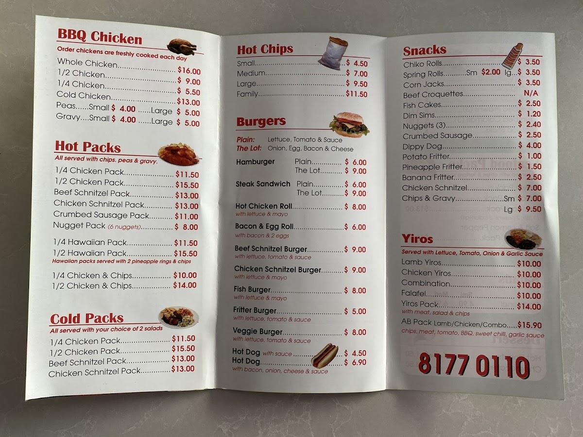 Menu at Winston Take-Away restaurant, Daw Park