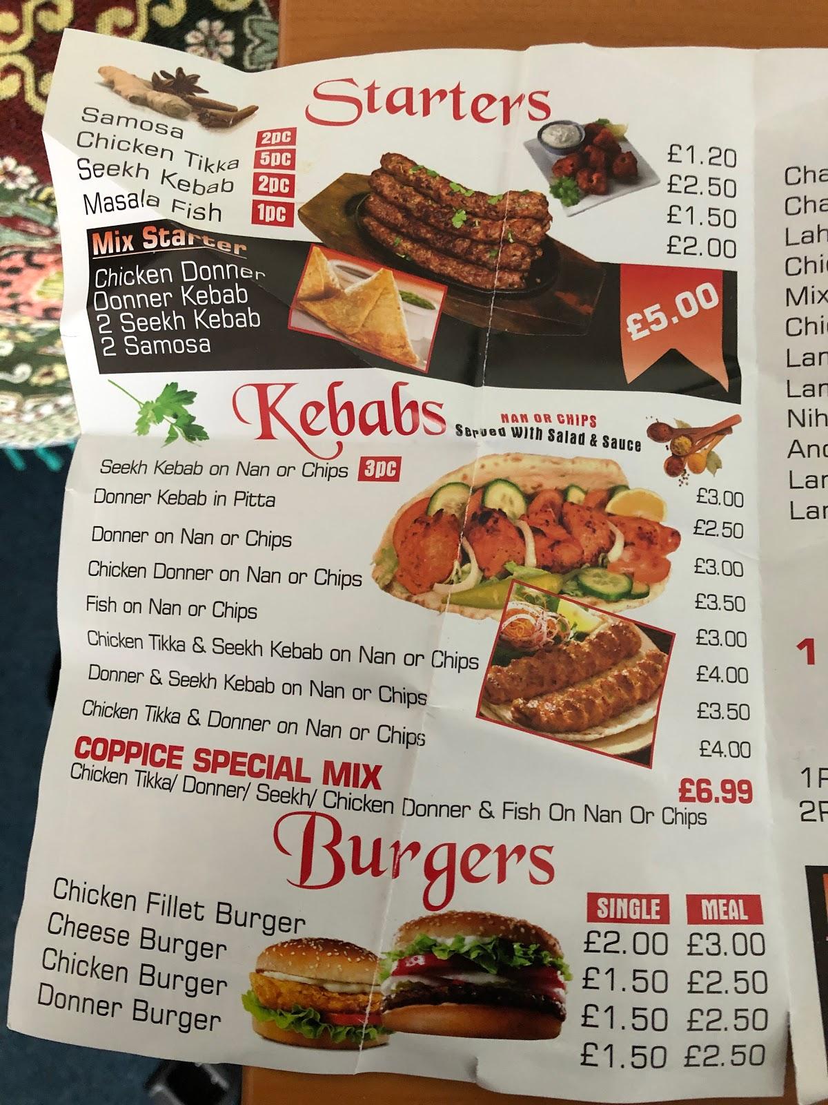 Menu at Coppice Curry House pizzeria, Oldham, 141 Lee St