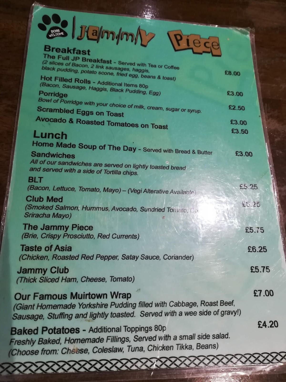 Menu at Jammy Piece cafe, Inverness