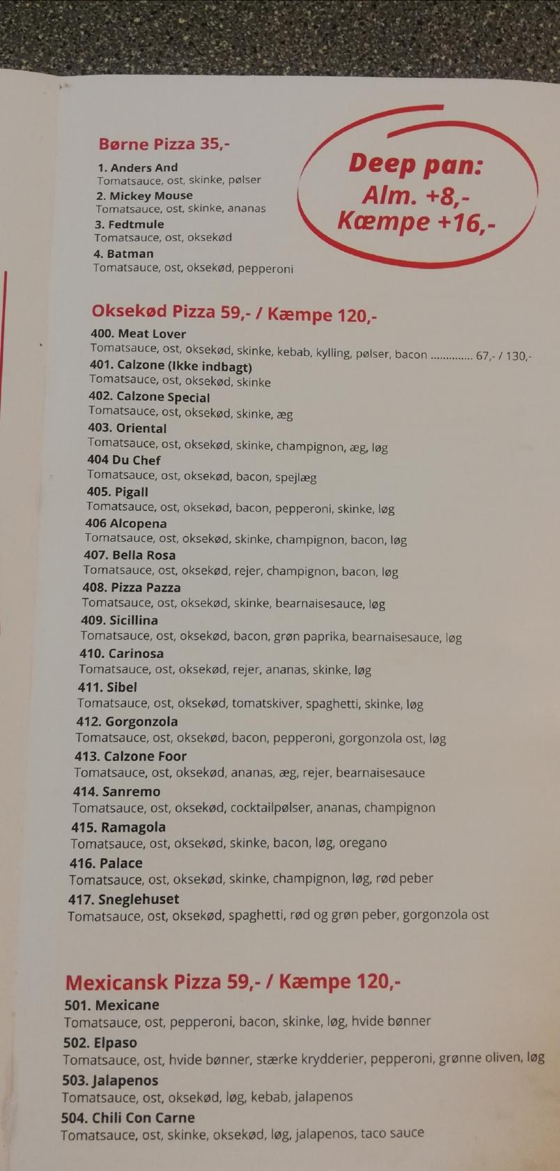 Menu at La Prima restaurant, Vissenbjerg