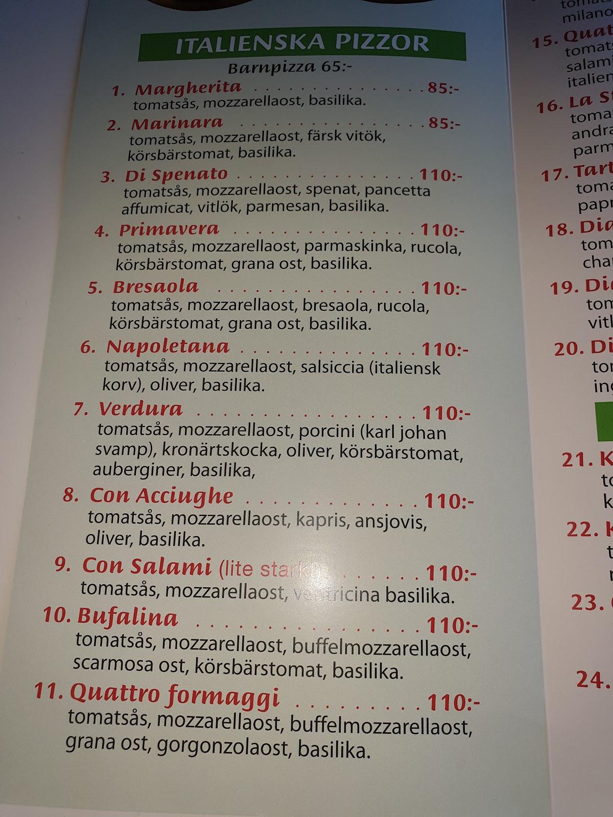 Menu at La Strada pizzeria, Malmö