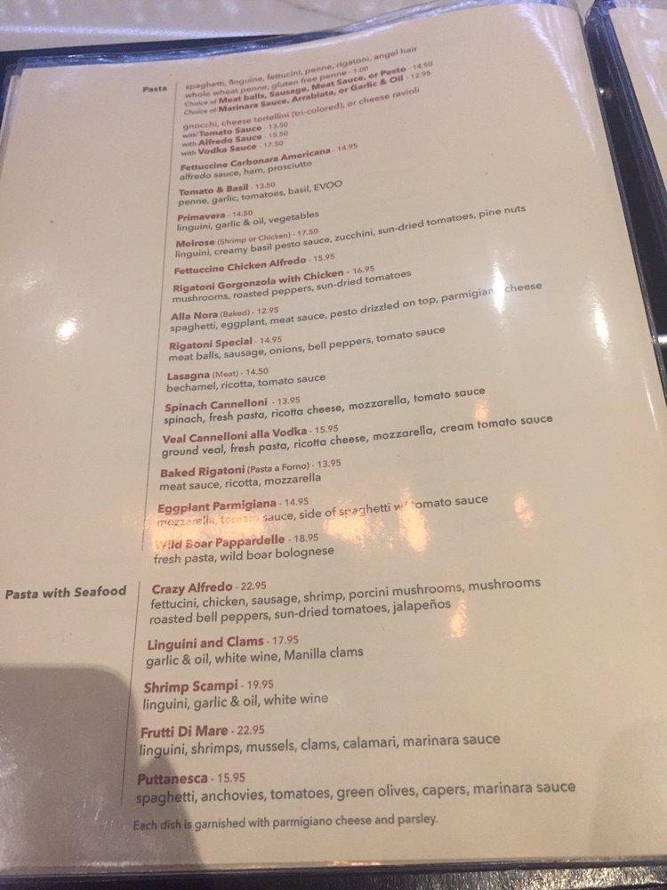 Menu at Nora's Italian Cuisine pub & bar, Las Vegas, 5780 W Flamingo Rd