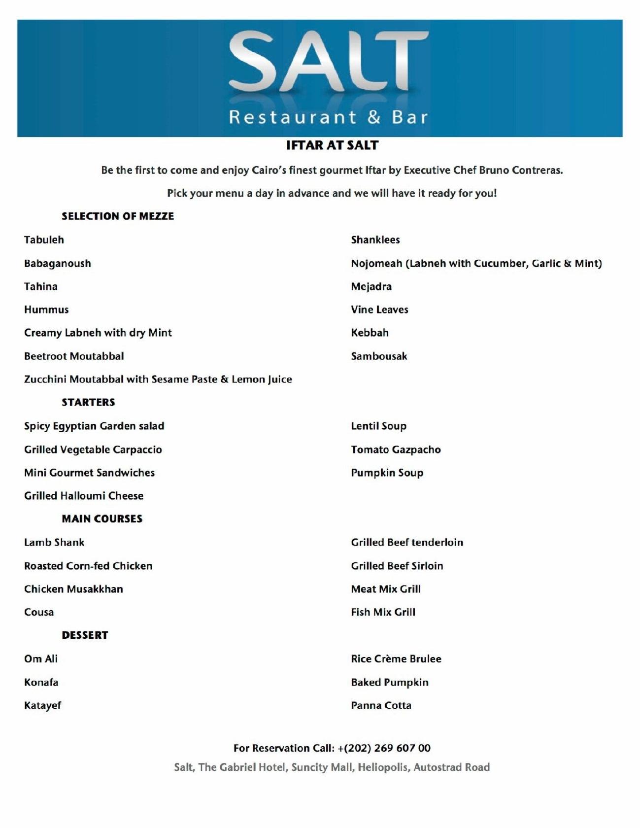 Carta de SALT Restaurant & Bar, New Cairo City