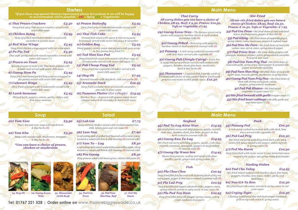 Menu at Thai Rice restaurant, Biggleswade