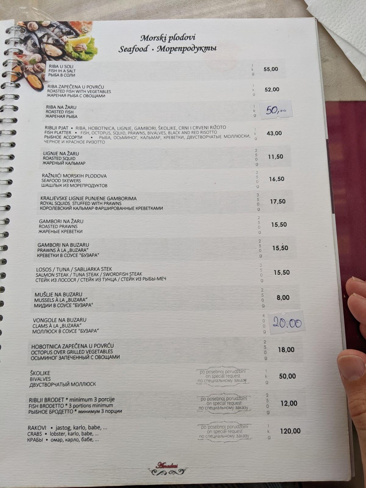 Menu at Amadeus restaurant, Sveti Stefan